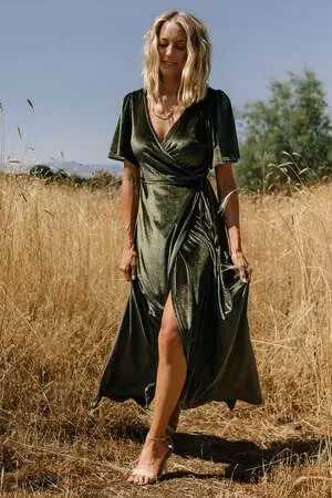 XH TEXTILES Katelyn Velvet Maxi Wrap Dress - Dark Olive