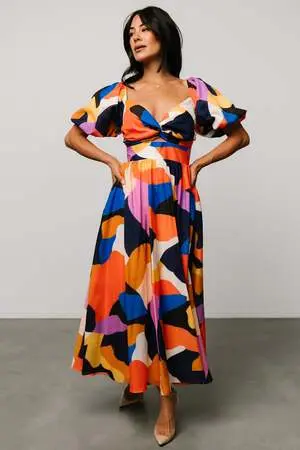 FLYING TOMATO Lola Midi Dress - Rust + Navy Multi