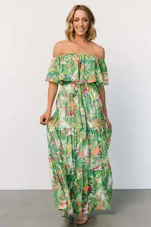 FLYING TOMATO Off-shoulder Tropical Print Tiered Maxi Dress - Green Multi