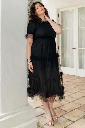 TEA N ROSE Lysandra Smocked Polka Dot Tulle Midi Dress - Black