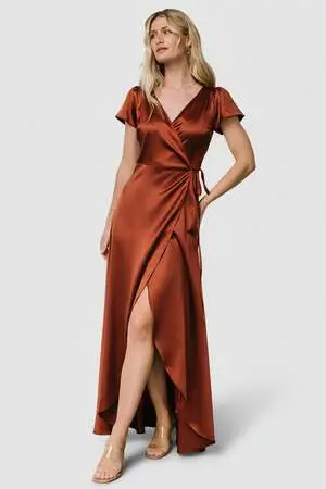 XH TEXTILES Krystal Satin Wrap Gown - Cinnamon