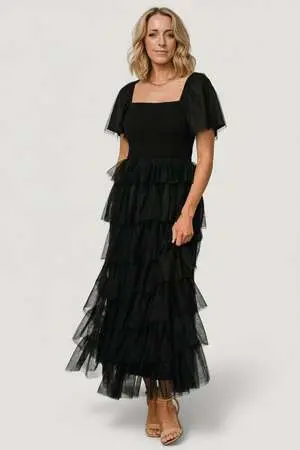 TEA N ROSE Cherise Tulle Tiered Maxi Dress - Black