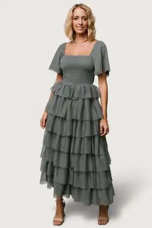 TEA N ROSE Cherise Tulle Tiered Maxi Dress - Blue Sage