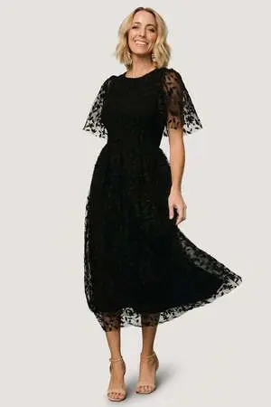 XH TEXTILES Kendra Embroidered Tulle Midi Dress - Black
