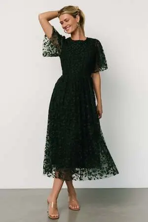 XH TEXTILES Kendra Embroidered Tulle Midi Dress - Dark Green