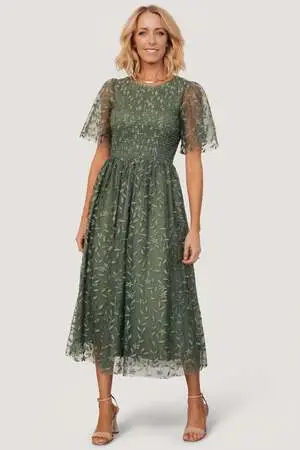 XH TEXTILES Kendra Embroidered Tulle Midi Dress - Dark Sage
