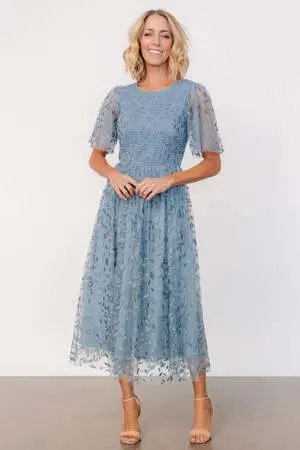 XH TEXTILES Kendra Embroidered Tulle Midi Dress - Dusty Blue