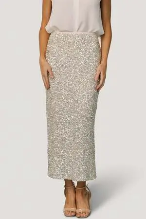 IN FEBRUARY Charmed Sequin Midi Skirt Champagne