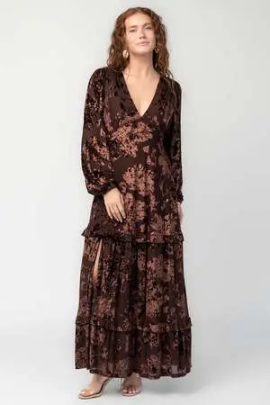 POLAGRAM Liana Velvet Burnout Maxi Dress - Brown