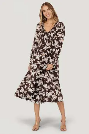 IN FEBRUARY Matilda Smocked Midi Dress - Brown Floral
