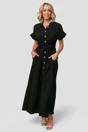POLAGRAM Aizey Button Up Maxi Dress - Black