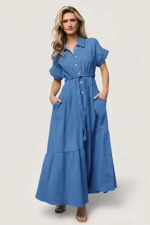 POLAGRAM Aizey Button Up Maxi Dress - Blue