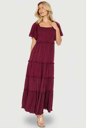 IN LOOM Lenora Smocked Dotted Maxi Dress - Wine