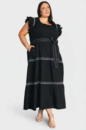 POLAGRAM Elisa Embroidered Midi Dress - Black