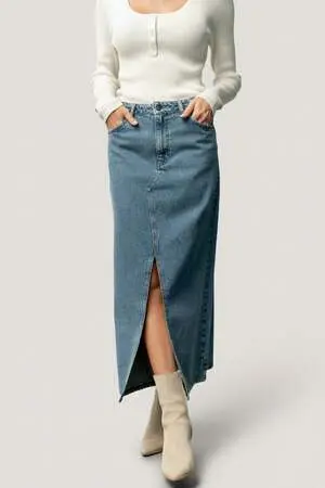 TEKSPARK Aleksa Denim Midi Skirt With Slit