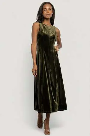 FLYING TOMATO Annika Velvet Midi Dress - Olive