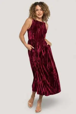 POLAGRAM Octavia Velvet Midi Dress Cranberry