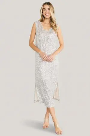 IN FEBRUARY Marissa Sequin Midi Dress With Floral Appliqués