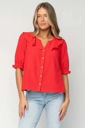 IN LOOM Daisy Ruffle Button Up Top - Red