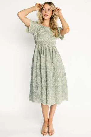 TEA N ROSE Margot Eyelet Midi Dress - Sage
