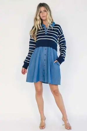 IN FEBRUARY Nicole Striped Sweater Dress - Navy