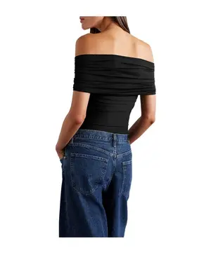 GOLDSIGN Off-the-shoulder Twist-front Ruched Stretch-jersey Thong Bodysuit
