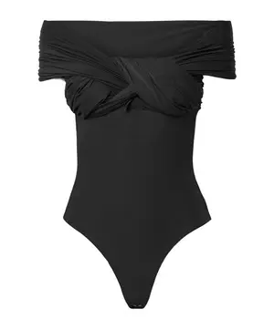 GOLDSIGN Goldsign Off-the-Shoulder Twist-Front Ruched Stretch-Jersey Thong Bodysuit