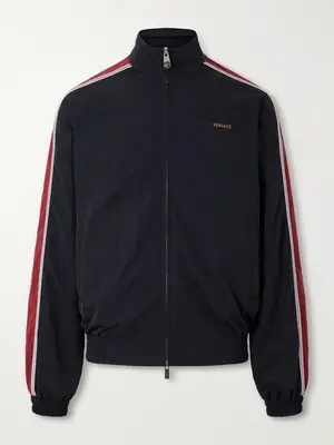 Versace Logo Embroidered Shell Jacket With Greca Motif