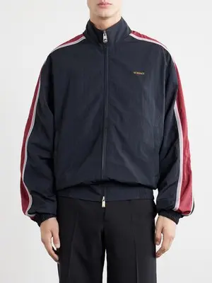 Versace Logo Embroidered Shell Jacket With Greca Motif