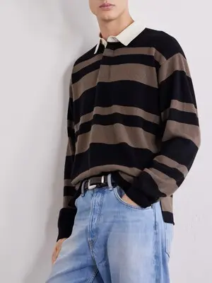 FRAME Striped Wool And Cashmere-blend Polo Shirt - Black