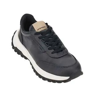 Emporio Armani Grained Leather Sneakers With Logo Detail