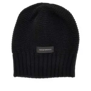 Emporio Armani Knitted Beanie Hat With Logo Label - Black