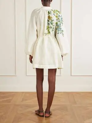 ALEMAIS Phyllis Flower-print Ramie Mini Dress - Cream