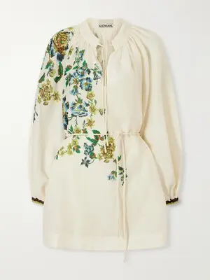 ALEMAIS Phyllis Flower-print Ramie Mini Dress Neutrals