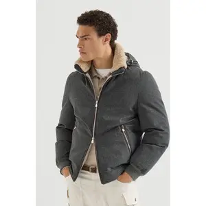 Brunello Cucinelli Bonded Wool Flannel Down Jacket With Detachable Hood - Dark Grey