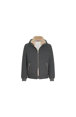 Brunello Cucinelli Bonded Wool Flannel Down Jacket With Detachable Hood - Dark Grey