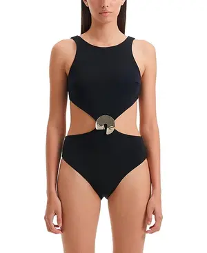 MOEVA High Neck Cut-out One Piece Swimsuit With Gold Accessory - Black
