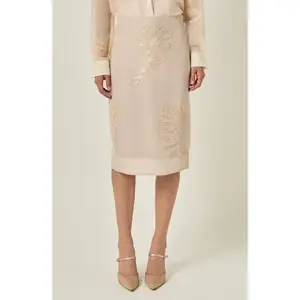 English Factory Beaded Floral Sheer Midi Skirt - Natural
