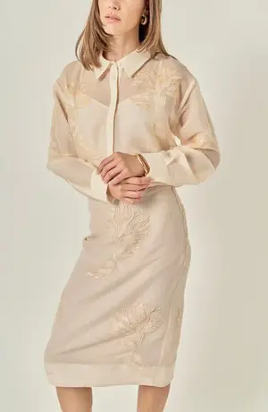 English Factory Beaded Floral Sheer Midi Skirt