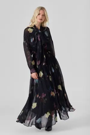 LE FAFO Silk Chiffon Neck-tie Maxi Dress