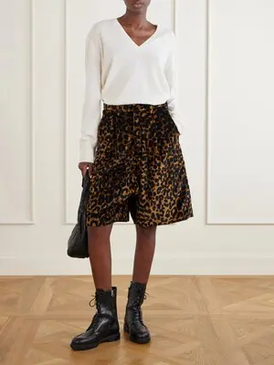 R13 Jumbo Pleated Leopard-print Cotton-velvet Shorts