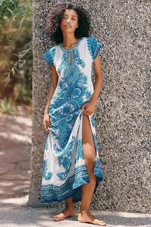 Calypso St. Barth Medallion 100% Len Dress - Blue Pattern