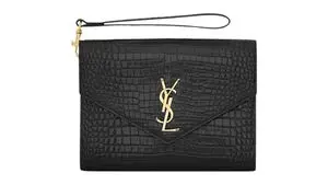 Saint Laurent Crocodileembossed Shiny Leather Cassandre Flap Pouch - Black