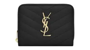 Saint Laurent Cassandre Matelasse Compact Zip Around In Grain De Poudre Leather Wallet - Black