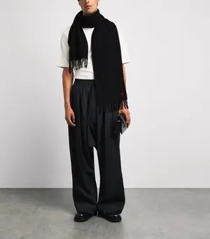 AMI Paris Wool De Coeur Fringed Scarf