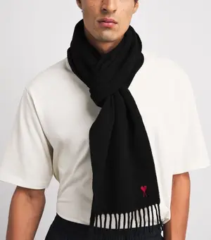 AMI Paris Wool De Coeur Fringed Scarf