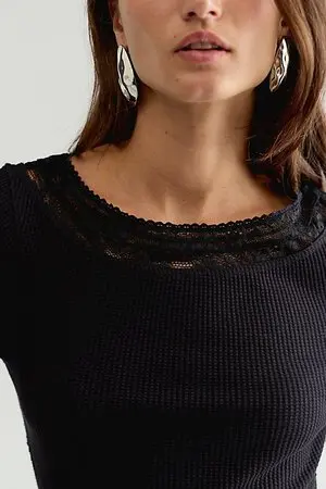Free People Amber Lace Cuff Long Sleeve Top - Black