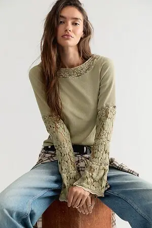 Free People Lace Cuff Long Sleeve Waffle Knit Top - Palm Stone