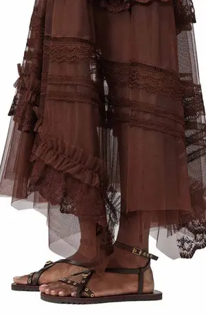 ALLSAINTS Ruffle Lace Midi Skirt - Hot Choc Brown