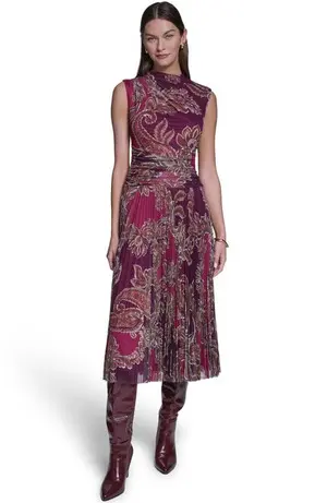 Halston Sleeveless Paisley Printed Mesh Dress - Deep Plum/berry Multi
